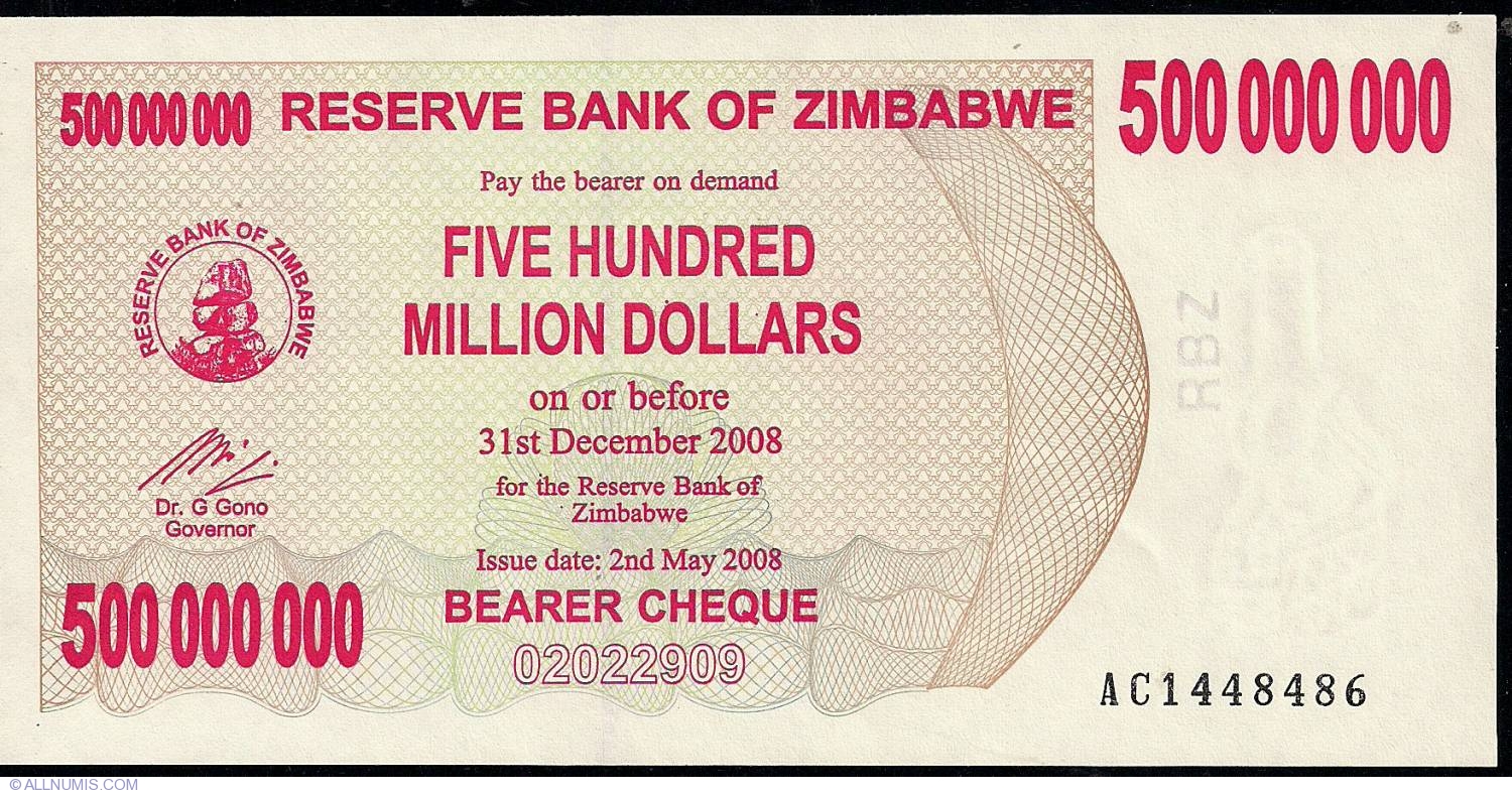 Banknote Of 500 000 000 Dollars 2008 2 V From Zimbabwe ID 1243