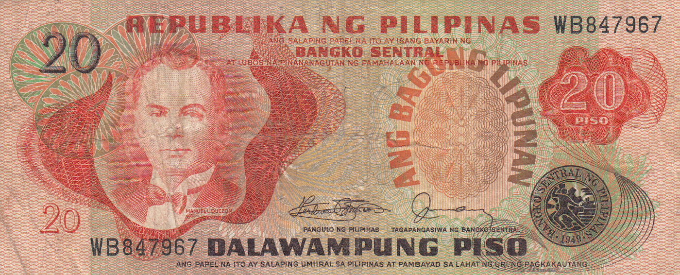 20 Piso ND 1974 1985 1978 ND Issue Philippines Banknote 10695 20 Piso ND 1974 1985 1978 ND Issue Philippines Banknote 10695