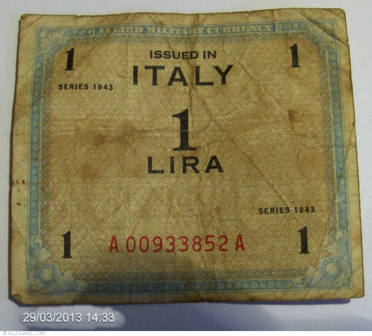 1 Lira 1943, Allied Military Currency - Series 1943 - Italy - Banknote ...