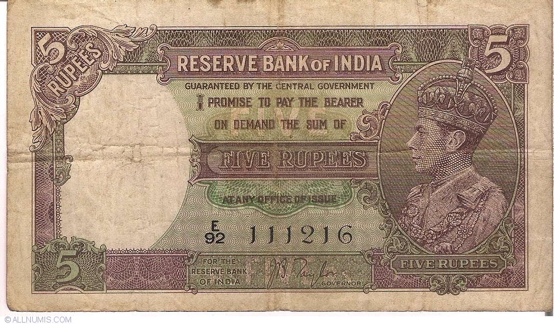 5 Rupees ND 1937 1937 1943 ND Issue Reserve Bank Of India India